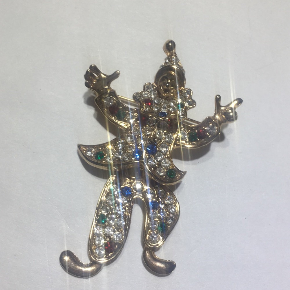 Vintage Gold Colorful Rhinestone Clown Brooch Pin - Gem